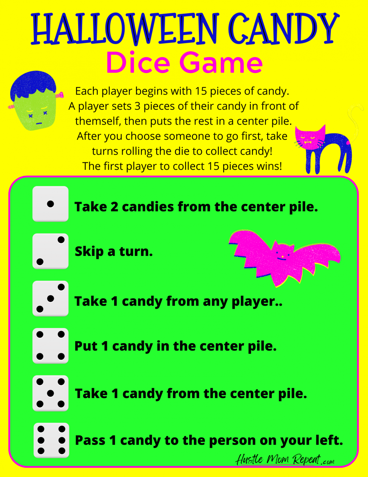 Free Printable Candy Dice Game For Halloween | Hustle Mom Repeat